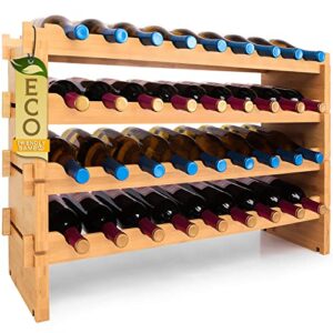 serenelife 36 bottle stackable wine rack, 33.5” x 10” x 21” 4-tier large floor freestanding modular wine bottle storage display shelf natural bamboo wood construction for kitchen and cellar