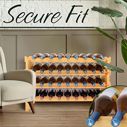 SereneLife 36 Bottle Stackable Wine Rack, 33.5” x 10” x 21” 4-Tier Large Floor Freestanding Modular Wine Bottle Storage Display Shelf Natural Bamboo Wood Construction for Kitchen and Cellar