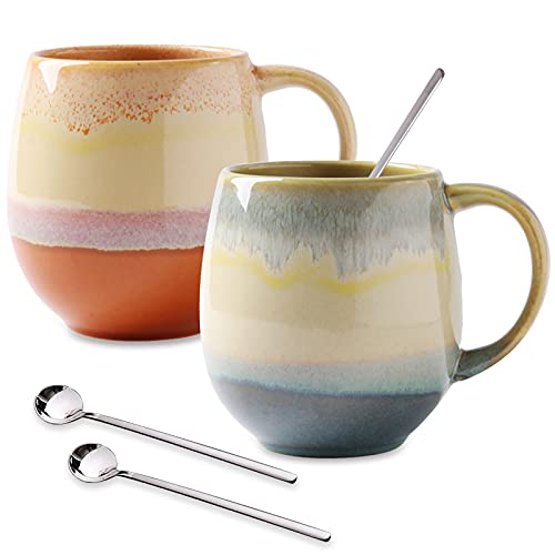 Large Coffee Mugs 16 oz for Men/Women, Vivimme Coffee Mug Set with Spoons, 2-Pack Ceramic Tea Mug for Soup, Hot Cocoa, Funny Tea Cups for Office and Home, Coffee Mugs for Couples, Engagement Gifts