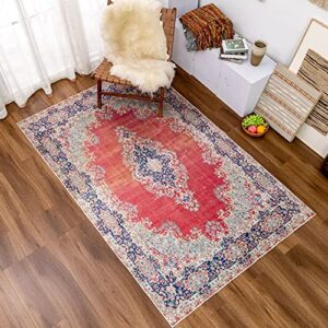 Washable Rug Indoor 8x10, Rugs with Rubber Backing, Non Slip Area Persian Rug, Foldable Rug Thin, Traditional Bohemian Red Big Rug for Bedroom, Living Room, rv Carpet, Machine Washable Carpets