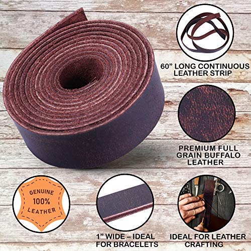 Leather Strap - Full Grain Buffalo Leather Strips for Crafts – Brown Leather Straps 1 Inch Wide Ideal for Arts and Crafts, Tooling, Jewelry, DIY Home Decor, & More - 1” x 60” Tooling Leather Strip