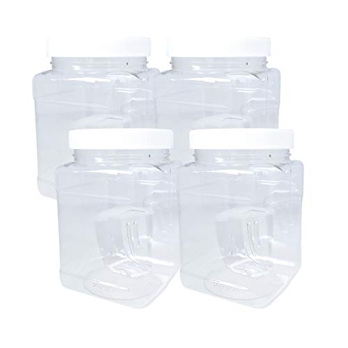 Kelkaa 32oz Clear PET Plastic Square Wide Mouth Jars with Grip Handle and White Ribbed Lined Caps, BPA Free, Multi-Use Empty Containers, Household Dried Food Canisters, Made in the USA (Pack of 4)