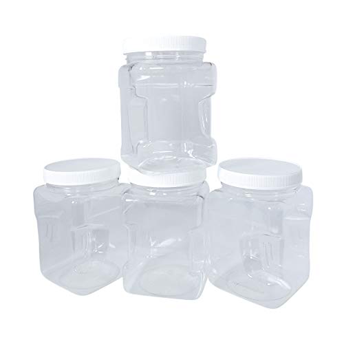 Kelkaa 32oz Clear PET Plastic Square Wide Mouth Jars with Grip Handle and White Ribbed Lined Caps, BPA Free, Multi-Use Empty Containers, Household Dried Food Canisters, Made in the USA (Pack of 4)