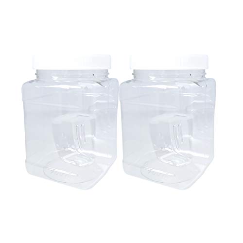 Kelkaa 32oz Clear PET Plastic Square Wide Mouth Jars with Grip Handle and White Ribbed Lined Caps, BPA Free, Multi-Use Empty Containers, Household Dried Food Canisters, Made in the USA (Pack of 4)