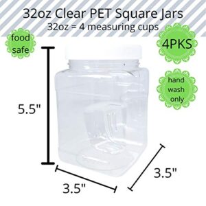 Kelkaa 32oz Clear PET Plastic Square Wide Mouth Jars with Grip Handle and White Ribbed Lined Caps, BPA Free, Multi-Use Empty Containers, Household Dried Food Canisters, Made in the USA (Pack of 4)