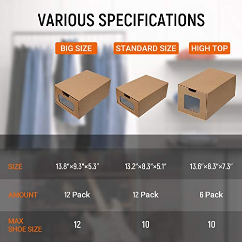 WALL QMER Shoe Box 12 Pack,13.2 x 8.3 x 5.1in Waterproof Storage Boxes, Socks, Stationery, Toys, Underwear,Heavy Duty,Stack-able Cardboard Boxes,with Marking Labels,Transparent Window