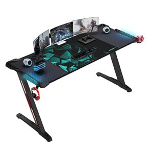 designa 60" gaming desk with rgb led lights, large z-shaped gaming pc desk with carbon fiber desktop home office computer game desk table for gamer w mouse pad, cup holder, headphone hook, black