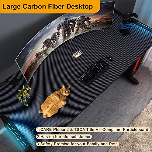 DESIGNA 60" Gaming Desk with RGB LED Lights, Large Z-Shaped Gaming PC Desk with Carbon Fiber Desktop Home Office Computer Game Desk Table for Gamer W Mouse Pad, Cup Holder, Headphone Hook, Black