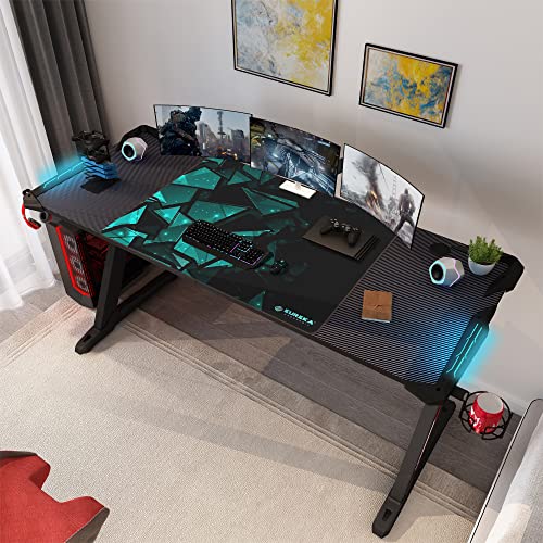 DESIGNA 60" Gaming Desk with RGB LED Lights, Large Z-Shaped Gaming PC Desk with Carbon Fiber Desktop Home Office Computer Game Desk Table for Gamer W Mouse Pad, Cup Holder, Headphone Hook, Black