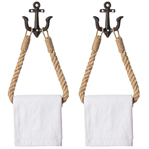 Nautical Hand Towel Holder - Thick Hemp Rope with Heavy Anchors,Beach Theme Decoration,Bamboo As A Rolling Shaft,Toilet Paper,Towel,Bath Towel or Shower Curtain Can be Hung,Hemp Rope 24 in,Set of 2