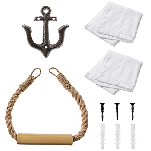 Nautical Hand Towel Holder - Thick Hemp Rope with Heavy Anchors,Beach Theme Decoration,Bamboo As A Rolling Shaft,Toilet Paper,Towel,Bath Towel or Shower Curtain Can be Hung,Hemp Rope 24 in,Set of 2