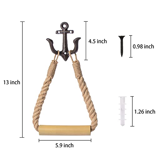 Nautical Hand Towel Holder - Thick Hemp Rope with Heavy Anchors,Beach Theme Decoration,Bamboo As A Rolling Shaft,Toilet Paper,Towel,Bath Towel or Shower Curtain Can be Hung,Hemp Rope 24 in,Set of 2