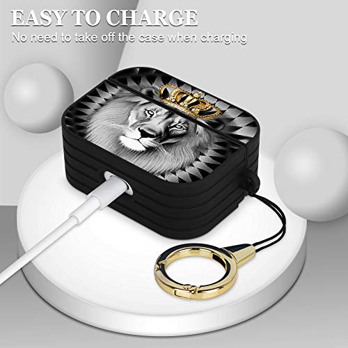 Black Hard Plastic Case for Airpods Pro Magnetic Lock Full Body Protective Shockproof Cover Lion Design Wireless Charging Case with Ring for Airpods Pro