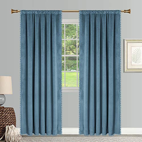 SNITIE Sky Blue 95in Long Pom Pom Velvet Curtains with Rod Pocket Thermal Insulated Soft Privacy Light Filtering Velvet Drapes for Bedroom and Living Room, 2 Panels (Sky Blue, 42 x 95 Inch Long)