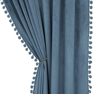 SNITIE Sky Blue 95in Long Pom Pom Velvet Curtains with Rod Pocket Thermal Insulated Soft Privacy Light Filtering Velvet Drapes for Bedroom and Living Room, 2 Panels (Sky Blue, 42 x 95 Inch Long)