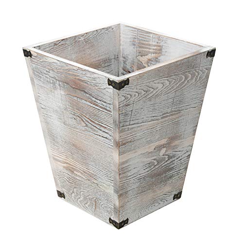 Liry Products Rustic Whitewashed Torched Wood Square Waste Basket Recycle Bin Trash Can Decorative Metal Brackets Whitewashed Wooden Garbage Container Ash Holder Bedroom Living Room Home Office