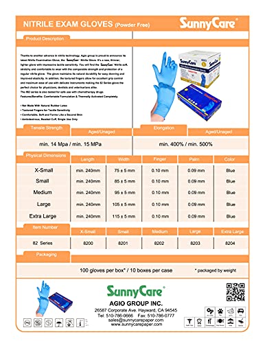 SunnyCare 1000 8202 Blue Nitrile Medical Exam Gloves Powder Free Chemo-Rated (Non Vinyl Latex) 100/box;10boxes/case Size: Medium