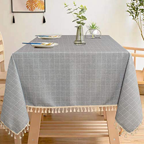 Pardecor Embroidered Tablecloth 56x102-Inch Grey Cotton Linen Tablecloths Checked Tablecloth Lattice Table Cloth Rustic Tablecloth Overay Party Table Cover for 6 Foot Tables Oblong Table Cloths