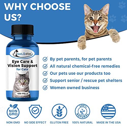 Eye Care and Vision Support for Cats - Holistic Kitten Eye Infection Treatment Helps with Conjunctivitis, Swelling, Discharge and More - 450 ct. Easy to Use Pills Relieve the Cat Eye Drops Struggle