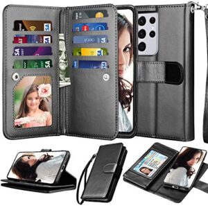 njjex wallet case for samsung galaxy s21 5g, for galaxy s21 case, [9 card slots] pu leather id credit holder folio flip [detachable] kickstand magnetic phone cover & lanyard for samsung s21 [black]