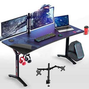 seven warrior gaming desk 60inch with dual monitor mount, carbon fiber surface gamer desk with full desk mouse pad, ergonomic y shaped gamer table with outlet organizer, gaming rack