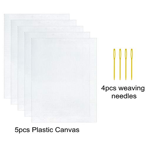 Pllieay 5 Pieces 7 Count Plastic Mesh Canvas Sheets for Embroidery, Acrylic Yarn Crafting, Knit and Crochet Projects (10.2 x 13.2 inch, Come with 4 Pieces Weaving Needles)