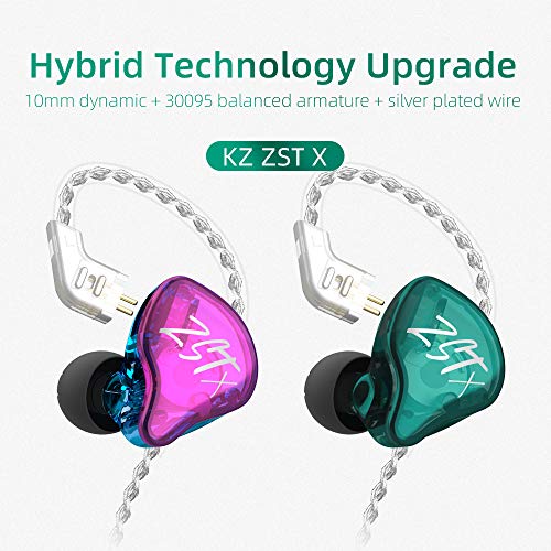 KZ ZST X HiFi Earphone 1BA+1DD Dynamic Driver in-Ear Sports DJ Headphone Noise Cancelling Headset with Upgraded Cable (with Mic, Cyan)