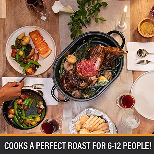 Granite Stone Oval Roaster Pan, Medium 18.8” Ultra Nonstick Roasting Pan with Lid, Grooved Bottom for Basting, Broiler Pan for Oven, Dishwasher Safe, Up to 15lb Turkey / Roast, Serves 6 – 12 Guests