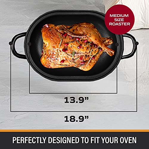 Granite Stone Oval Roaster Pan, Medium 18.8” Ultra Nonstick Roasting Pan with Lid, Grooved Bottom for Basting, Broiler Pan for Oven, Dishwasher Safe, Up to 15lb Turkey / Roast, Serves 6 – 12 Guests