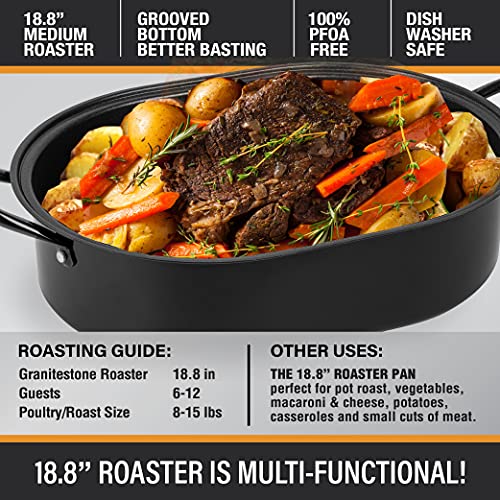 Granite Stone Oval Roaster Pan, Medium 18.8” Ultra Nonstick Roasting Pan with Lid, Grooved Bottom for Basting, Broiler Pan for Oven, Dishwasher Safe, Up to 15lb Turkey / Roast, Serves 6 – 12 Guests