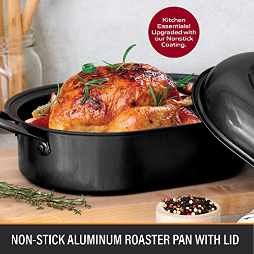 Granite Stone Oval Roaster Pan, Medium 18.8” Ultra Nonstick Roasting Pan with Lid, Grooved Bottom for Basting, Broiler Pan for Oven, Dishwasher Safe, Up to 15lb Turkey / Roast, Serves 6 – 12 Guests