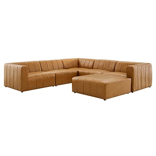 Modway Bartlett Channel Tufted Vegan Leather 6-Piece Sectional Sofa in Tan