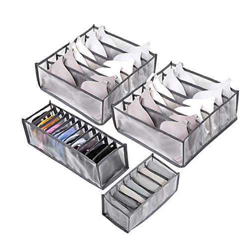 Underwear Storage Box Set of 3, Socks Storage Box, Bra Storage Box, collapsible Underpants Drawer Cabinet Dividers, Closet Clothes Organizers with Compartments for Women (Thicken Gray) (3 set + Bra)