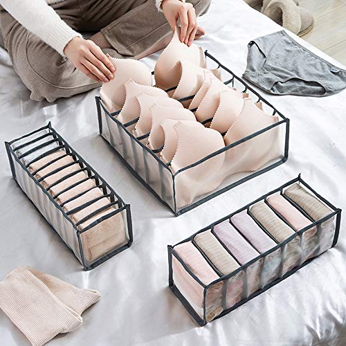 Underwear Storage Box Set of 3, Socks Storage Box, Bra Storage Box, collapsible Underpants Drawer Cabinet Dividers, Closet Clothes Organizers with Compartments for Women (Thicken Gray) (3 set + Bra)