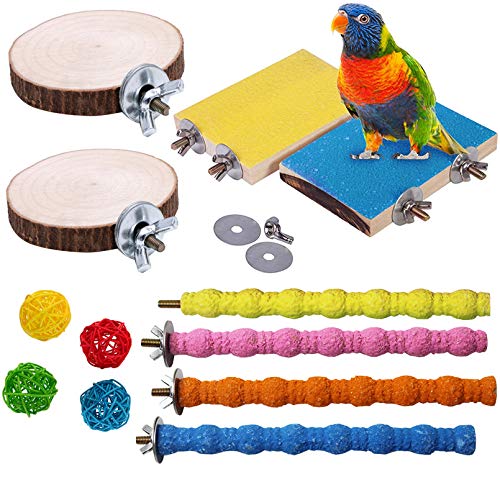 Parrot Perch Stand 12PCS Wood Bird Perch Stand Platform Paw Grinding Rough-surfaced Parakeet Cage Accessories Exercise Toy for Budgies Conure Cockatiel Hamster (Random Color)