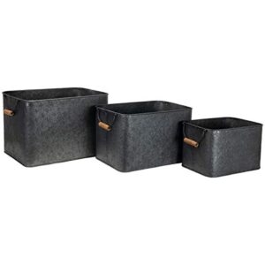 foreside home & garden black set of 3 galvanized decorative storage nesting bins with wood handles