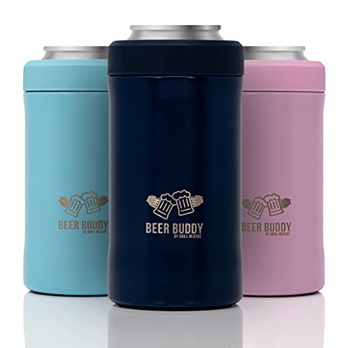 Grill Rescue​ Insulated Can Holder – Vacuum-Sealed Stainless Steel – Beer Bottle Insulator for Cold Beverages – Thermos Beer Cooler ​Suited for Any Size​ Drink - One Size Fits All (Matte Blue)