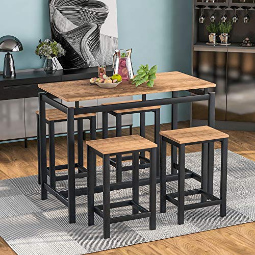 Polibi 5-Piece Kitchen Counter Height Table Dining Set, Wood Top and Metal Frame Bar Table with 4 Chairs (Brown)