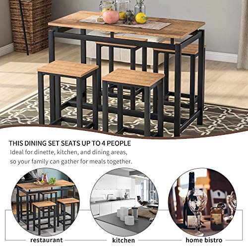 Polibi 5-Piece Kitchen Counter Height Table Dining Set, Wood Top and Metal Frame Bar Table with 4 Chairs (Brown)