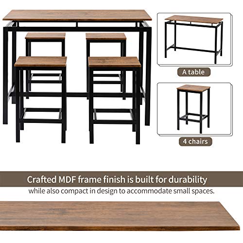 Polibi 5-Piece Kitchen Counter Height Table Dining Set, Wood Top and Metal Frame Bar Table with 4 Chairs (Brown)