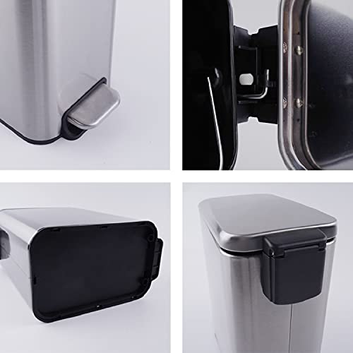 TMTECH Stainless Steel Bathroom Trash Can with Lid Soft-Close and Inner Wastebasket, Rectangular Slim Small Trash Can for Bedroom Kitchen Office, Anti-Fingerprint Brushed, 5L1.3Gal, Silver, (TM)