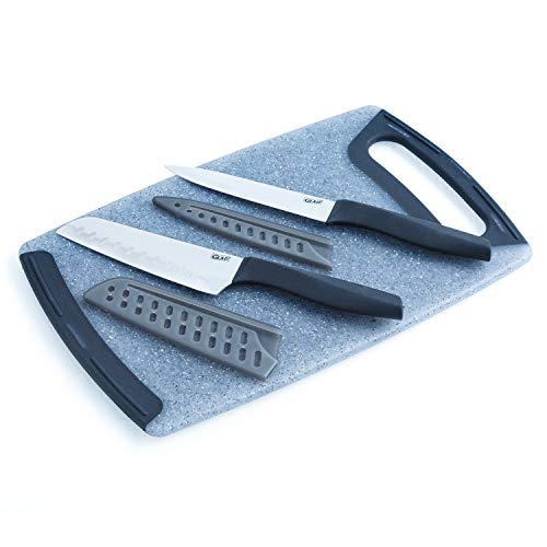 Glad Knife Set with Cutting Board, 5 Pieces | Sharp Santoku and Utility Knives with Blade Covers and Plastic Chopping Block | Kitchen Cooking Accessories