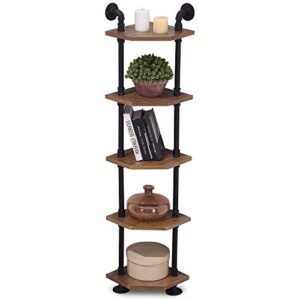 ivinta industrial bookcase corner shelf, 5 shelf wall mount pipe bookshelf solid wood shelves, corner standing bookcase, metal display stand