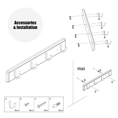 Wall Mount Coat Rack, 4-Hook Heavy Duty Wooden Key Organizer, Decorative Hook Rail for Entryway, Bedroom, Hallway, Mounted Hanger for Hats, Towels, Clothes, Bags (White)