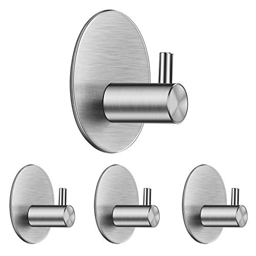 Adhesive Hooks Towel Hooks Wall Hooks Heavy Duty Stainless Steel Hooks Door Hooks Bathroom Hooks for Hanging Coat, Hat,Bath Towel-Bathroom and Bedroom or Kitchen 4-Packs