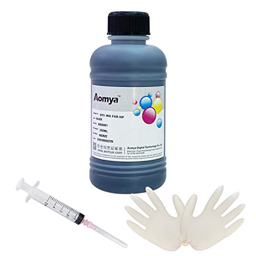 Aomya Compatible HP Black Ink Refill Kit 250ml Dye Bulk Ink for HP Inkjet Printers Refillable Cartridge CISS CIS System (9 oz) with Syringe&Glove