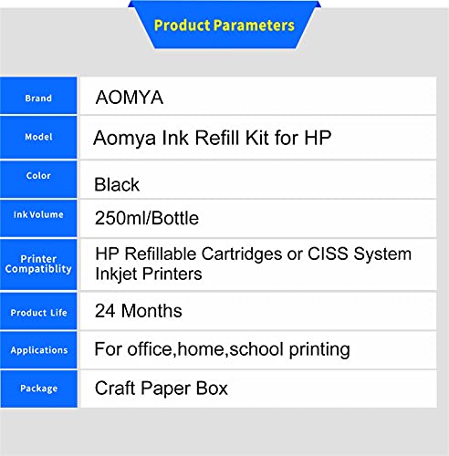 Aomya Compatible HP Black Ink Refill Kit 250ml Dye Bulk Ink for HP Inkjet Printers Refillable Cartridge CISS CIS System (9 oz) with Syringe&Glove