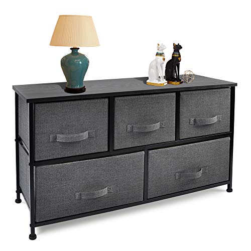 Bigroof Drawer Dresser, Organizer Storage for Bedroom Hallway Closet Office, Steel Frame, Wood Top, Easy Pull Fabric Bins (Dark Grey)