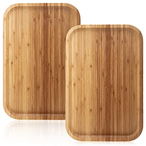 Yarlung 2 Pack Bamboo Tray Cheese Plate, 14x9 Inches Food Serving Saucer Wood Rectangular Platter for Coffee, Tea, Fruit, Plant Pot