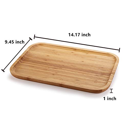 Yarlung 2 Pack Bamboo Tray Cheese Plate, 14x9 Inches Food Serving Saucer Wood Rectangular Platter for Coffee, Tea, Fruit, Plant Pot